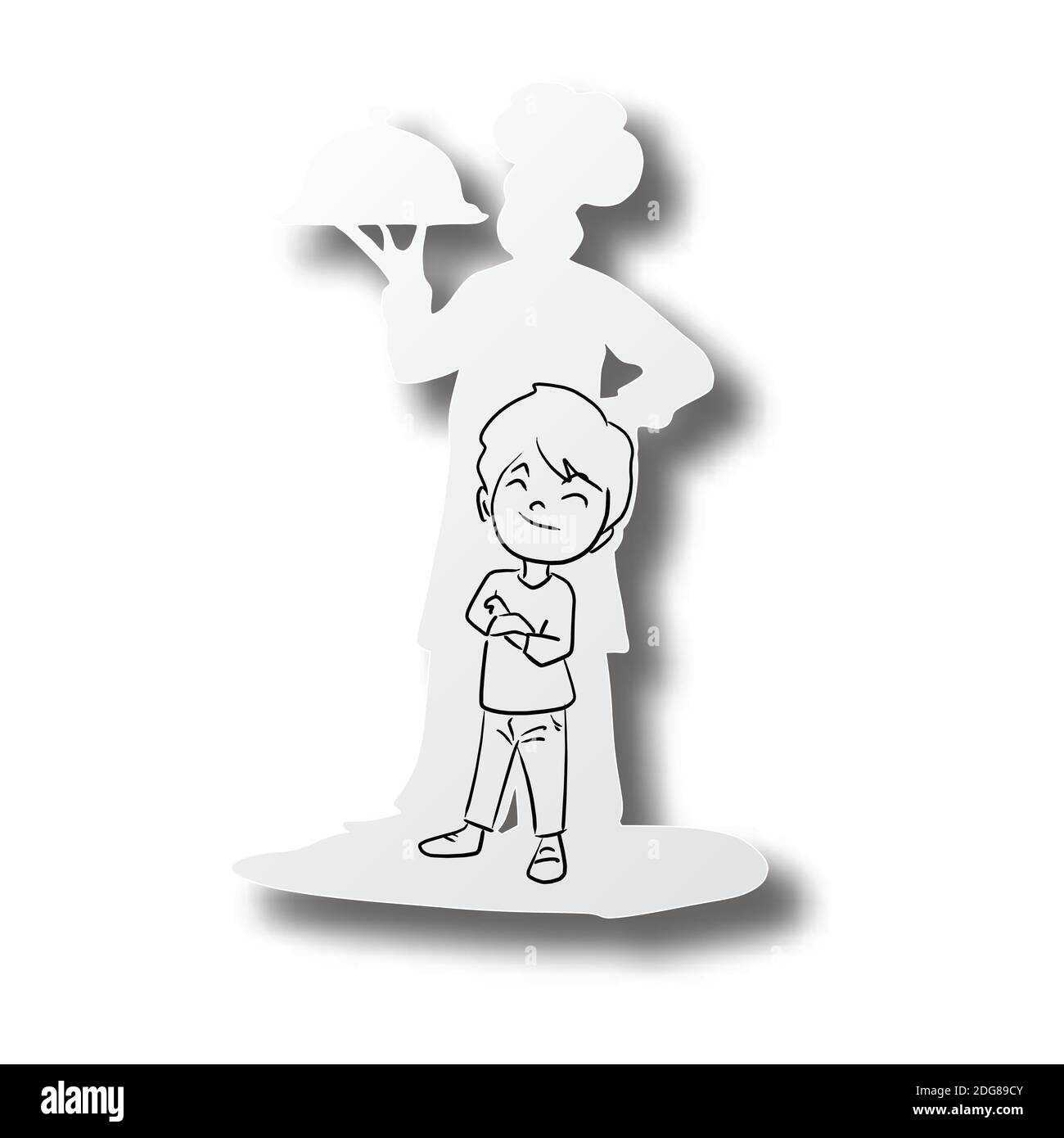 Vector black line hand drawn of crossed arm boy on chef shape cut paper ...