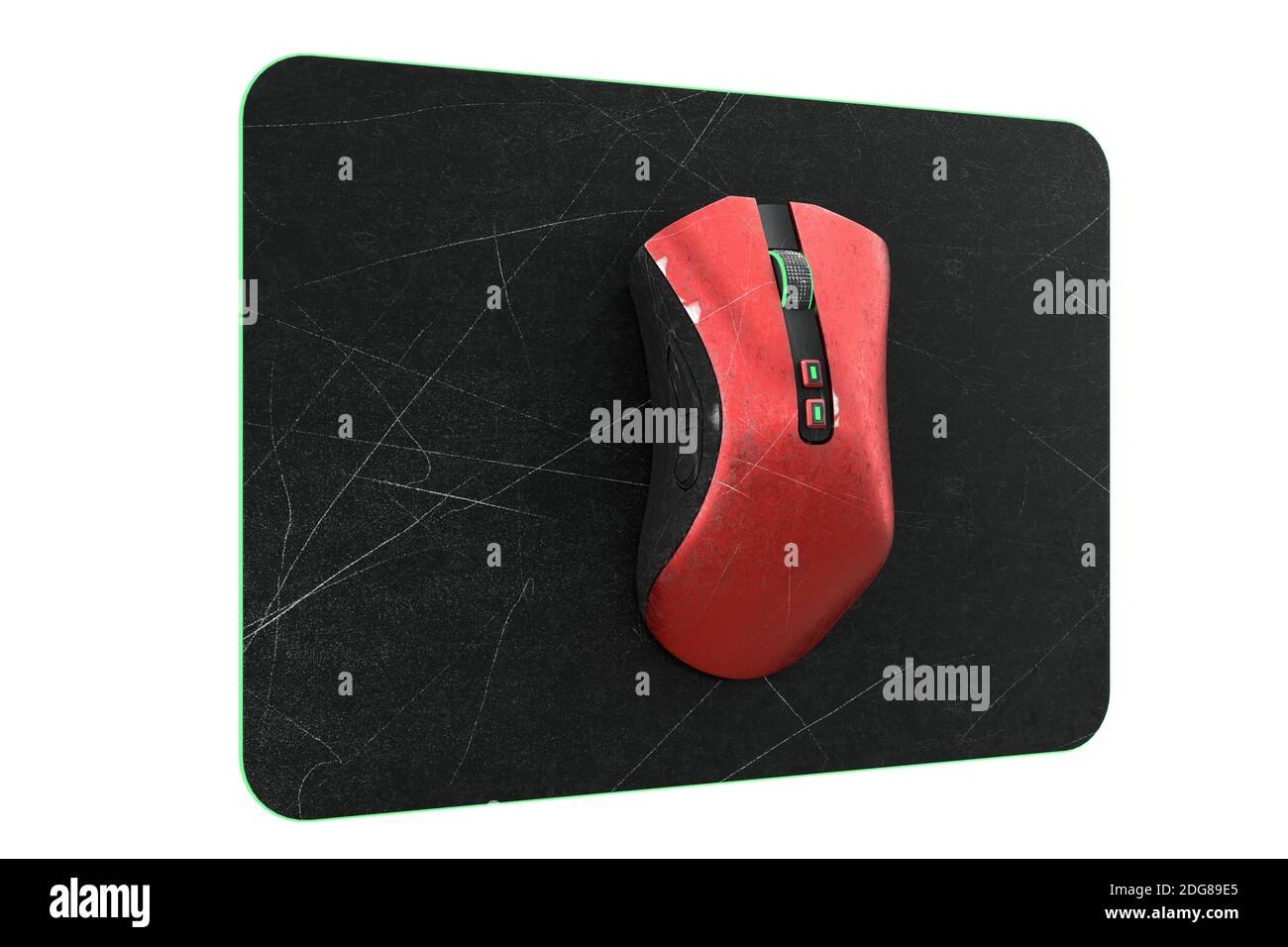 Used metal red gaming mouse with scratches on professional pad isolated ...