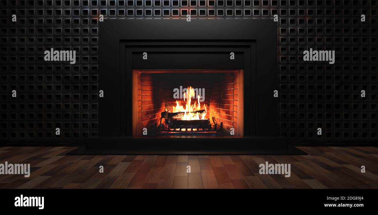 Burning fireplace, cozy warm home interior at christmas. Art deco style ...
