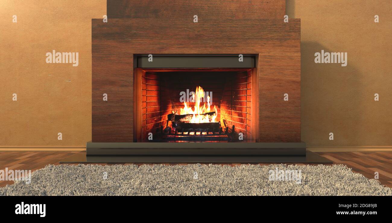 Burning fireplace, cozy warm home interior, painted wall and carpet on ...