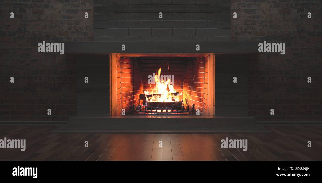 Burning fireplace, dark office or living room, cozy home interior at ...