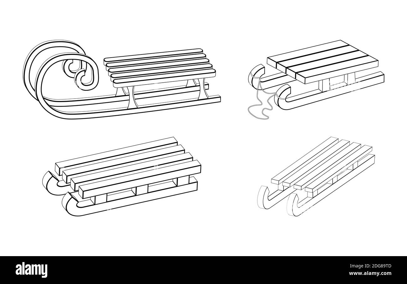 Sleigh outline set. Winter snow sledge for children icon collection ...