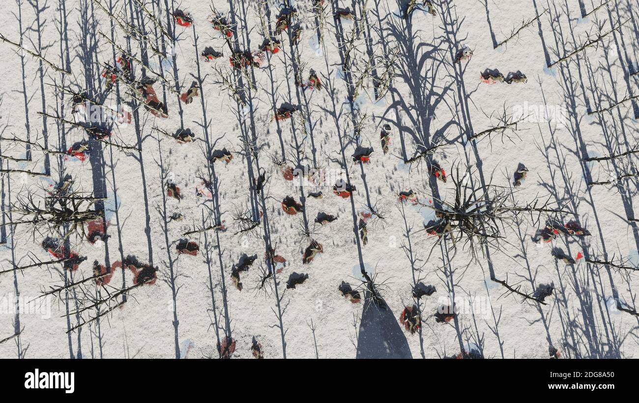 Dead soldiers laying in blood, scattered over snow forest, upper view ...
