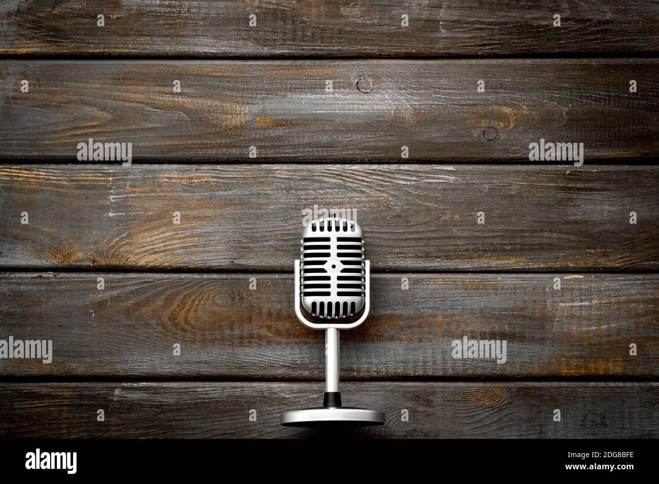 Vintage retro style silver microphone, top view, copy space Stock Photo ...