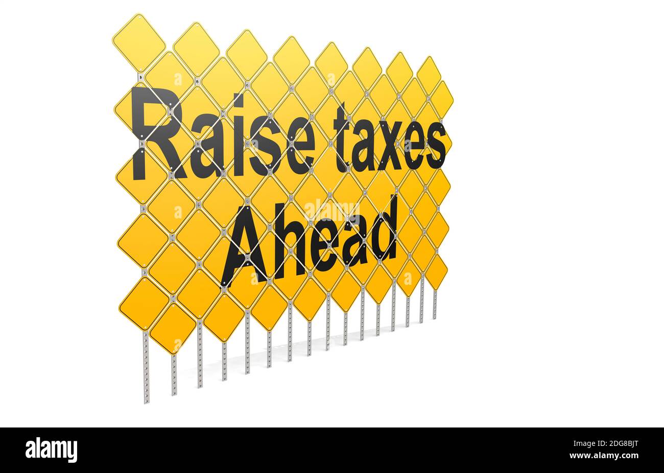 Giant yellow road signs with raise taxes ahead word, 3d rendering Stock ...