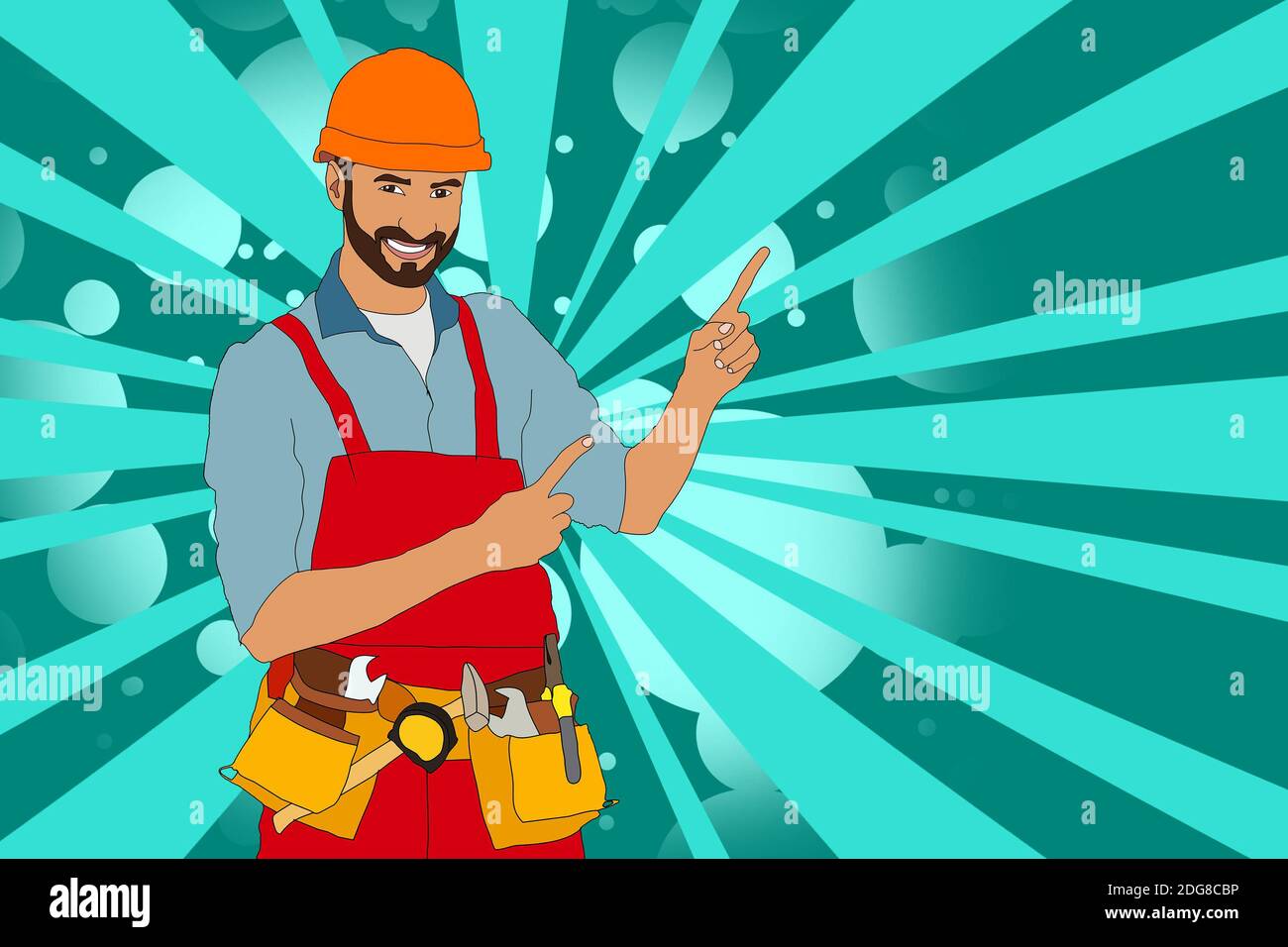 Sympathetic bricklayer dressed in work clothes, he wears a helmet and ...