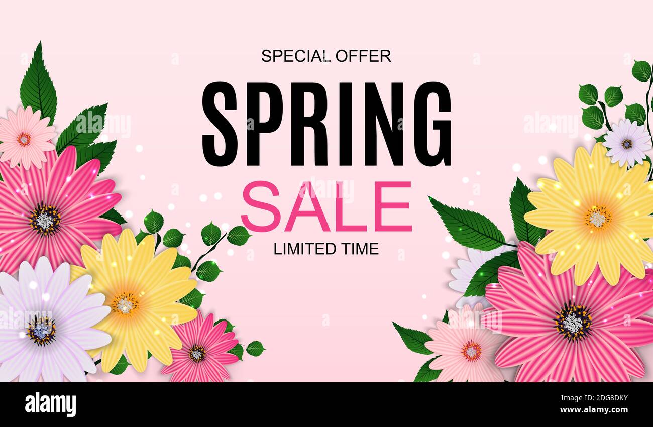 Spring Sale Cute Background with Colorful Flower Elements. Illustration ...