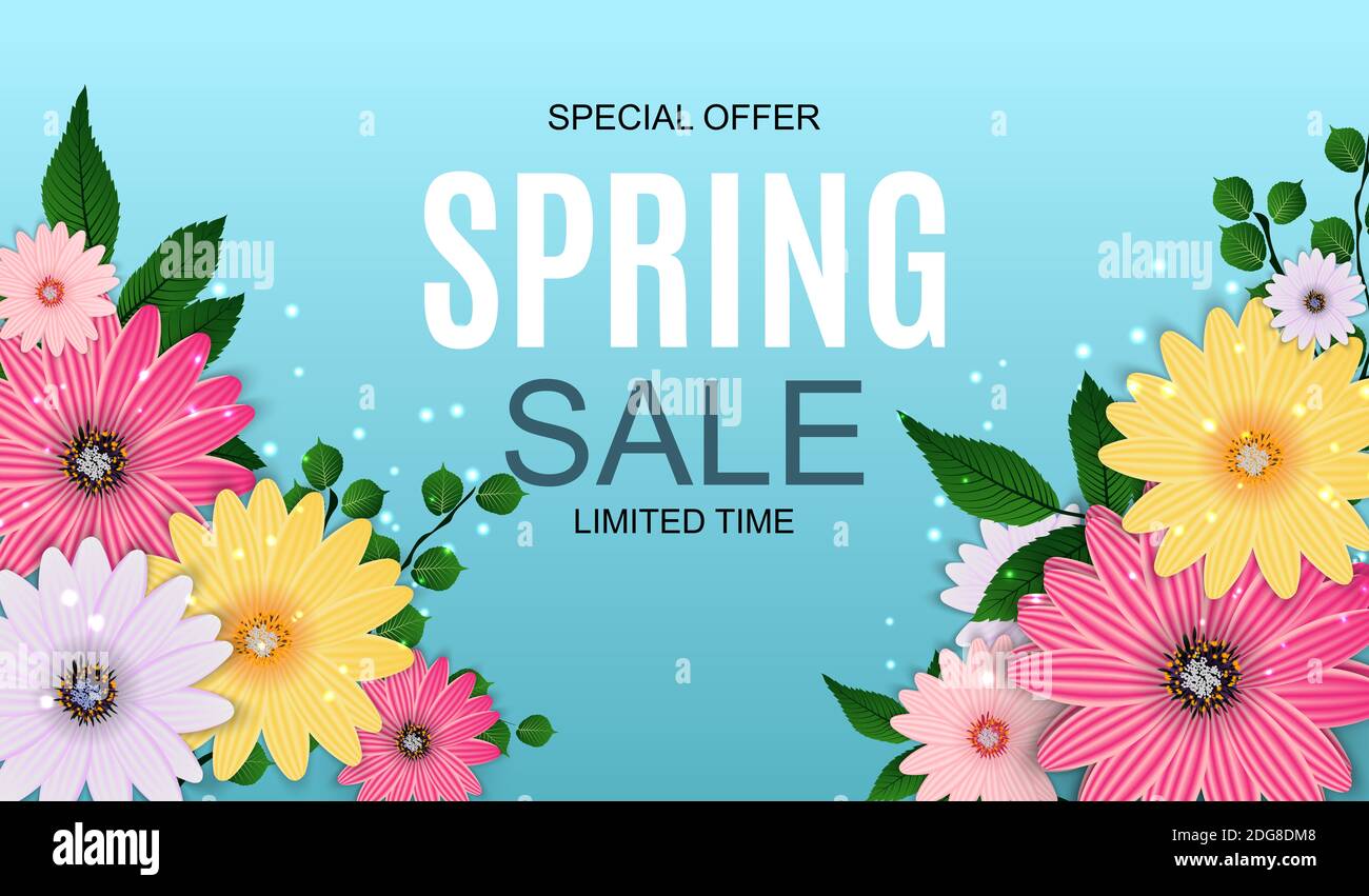 Spring Sale Cute Background with Colorful Flower Elements. Illustration ...