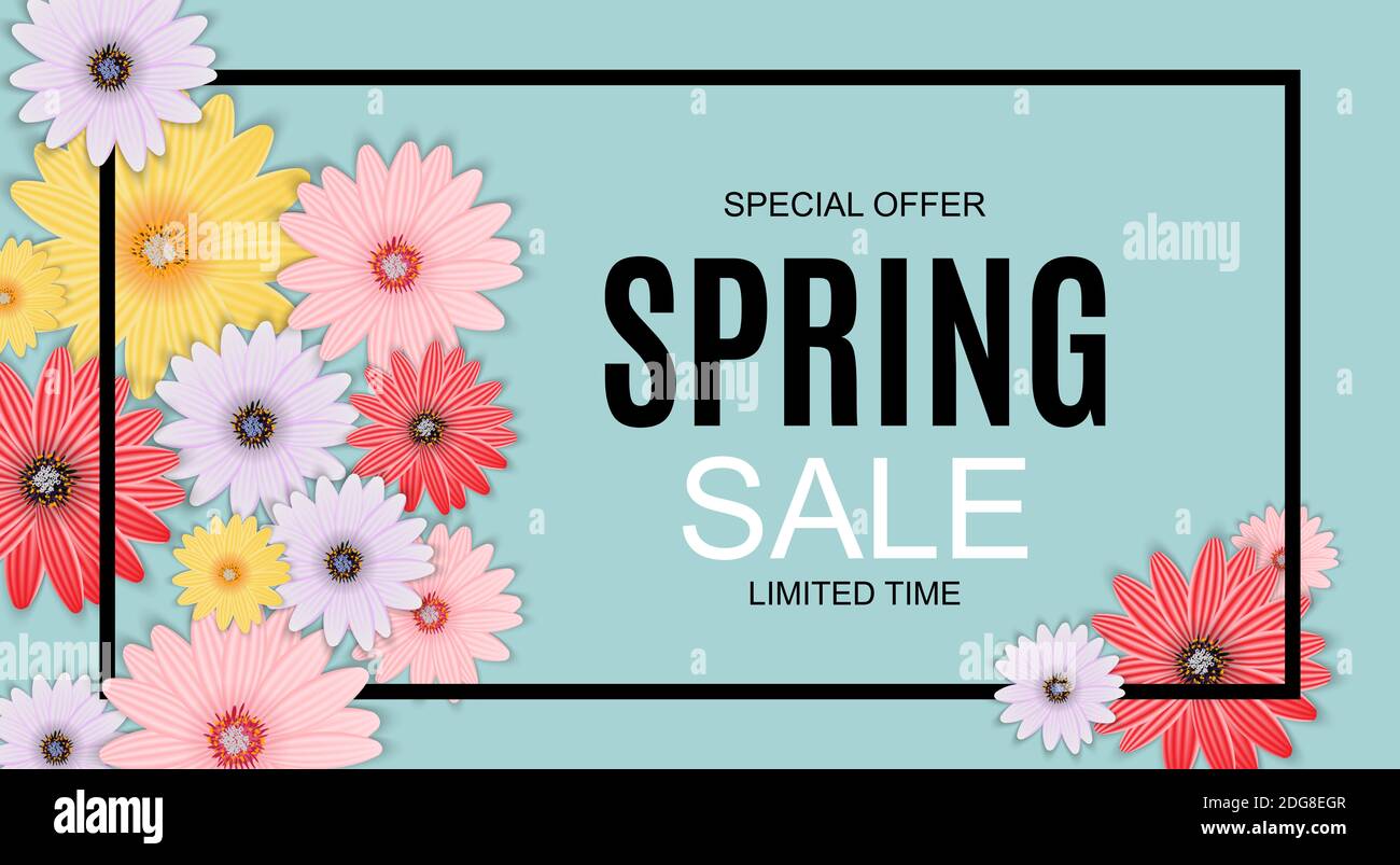 Spring Sale Cute Background with Colorful Flower Elements. Illustration ...