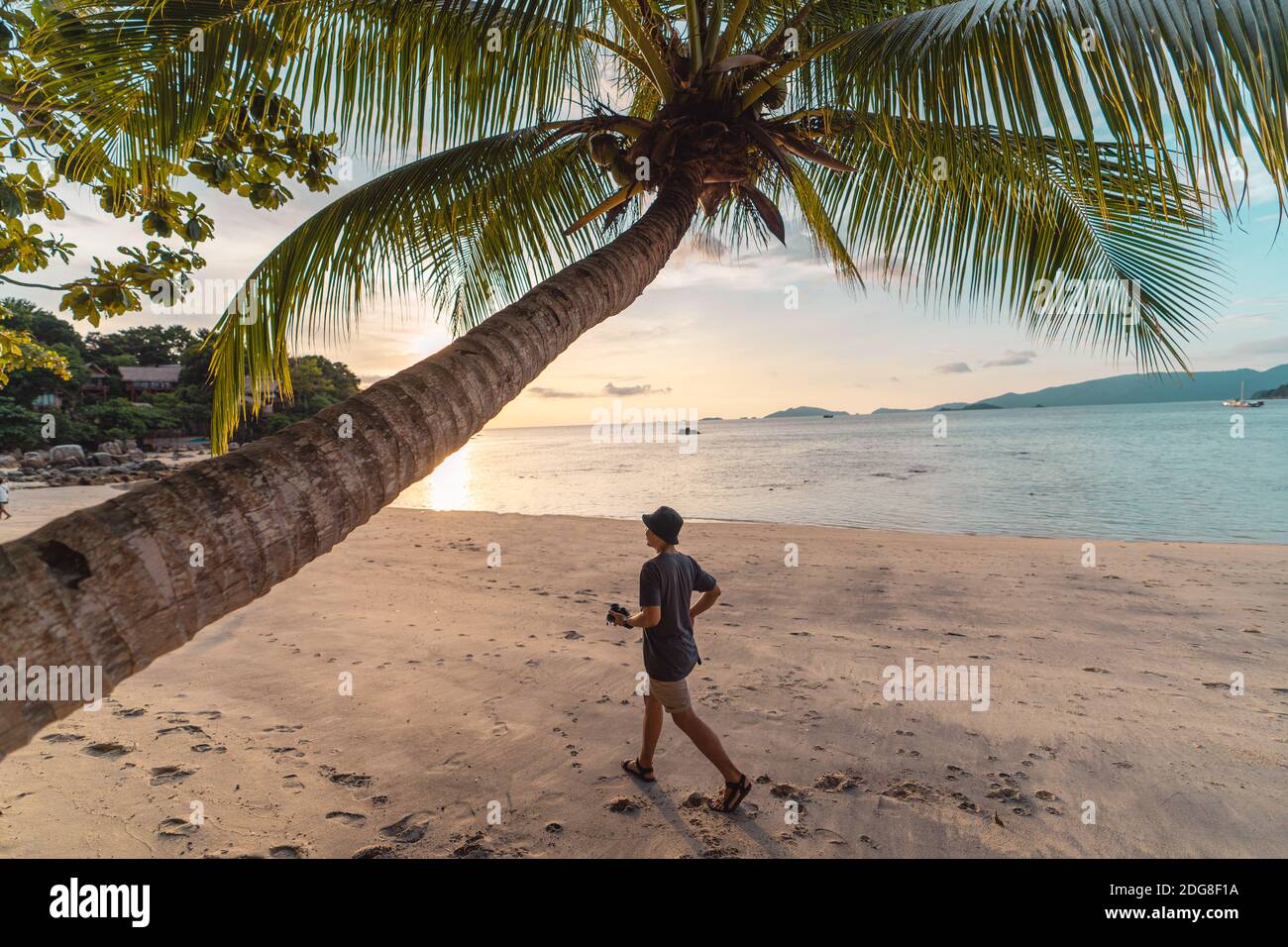 The beach in the evening,Coconut trees and long tail boats on the ...