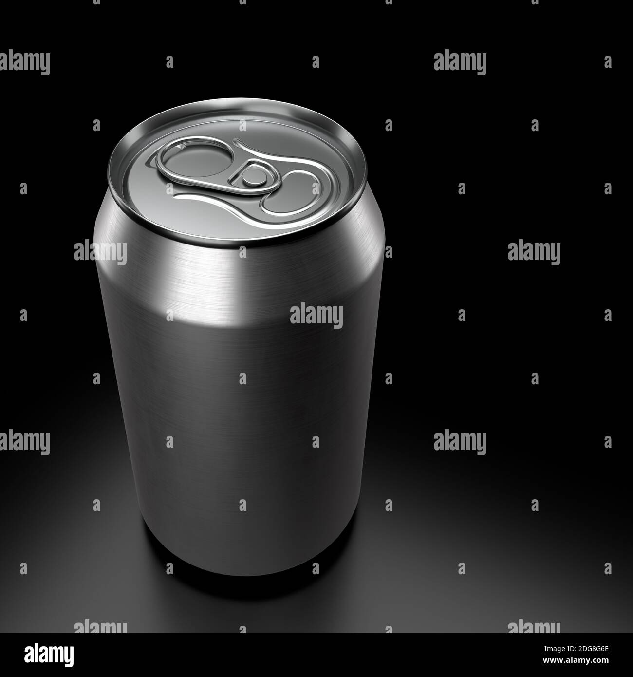 Silver aluminum beer or soda can isolated on black background. View ...