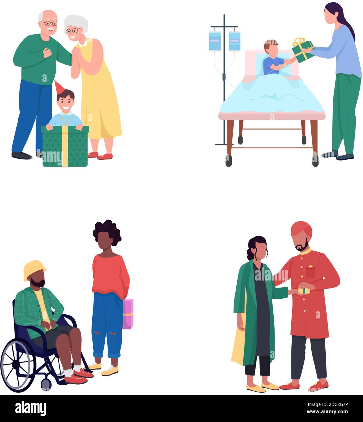 Giving presents flat color vector faceless, detailed character set ...