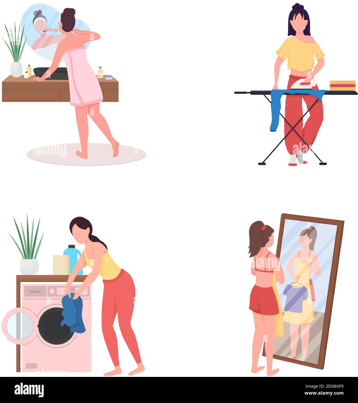 Daily home routine flat color vector faceless character set Stock ...