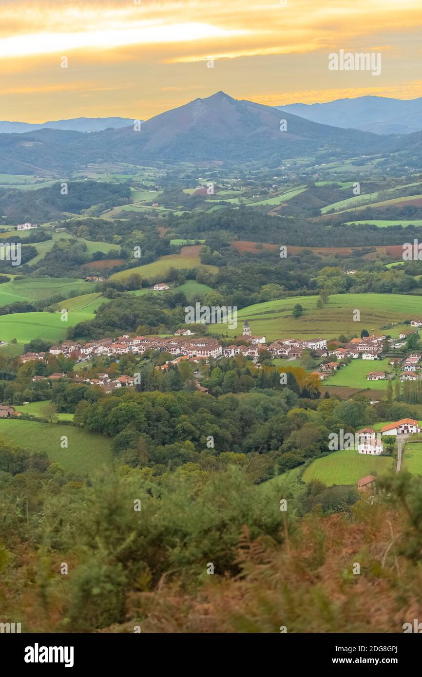 Aerial view of the village of Ainhoa, in the Basque country, France ...