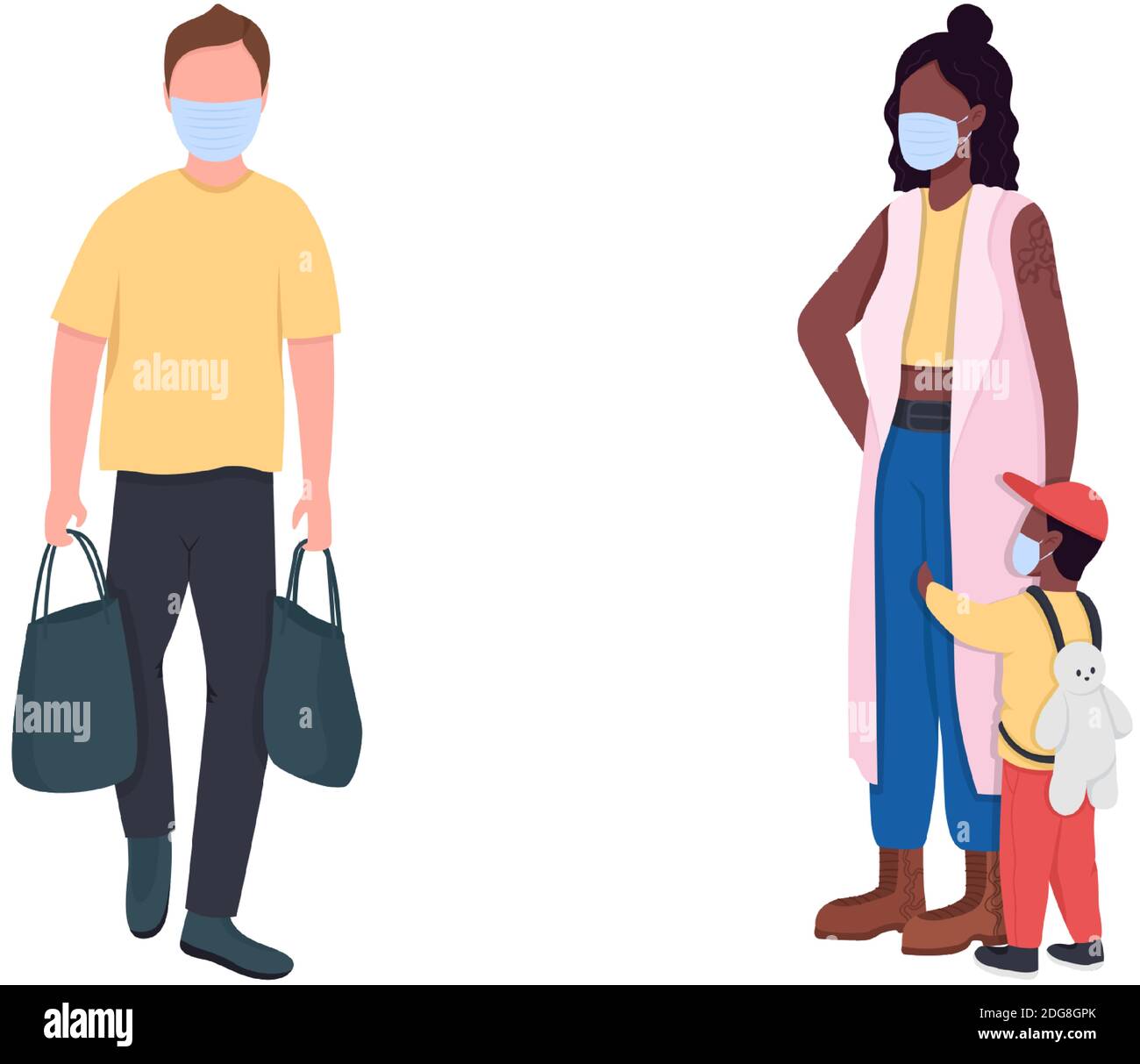 African and caucasian people in masks flat color vector faceless ...