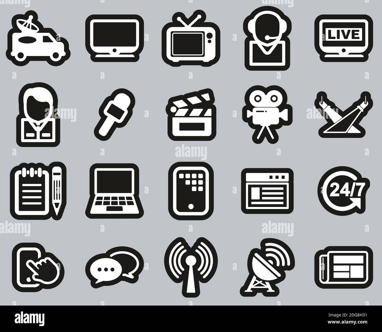 TV Station Icons White On Black Sticker Set Big Stock Vector Image ...
