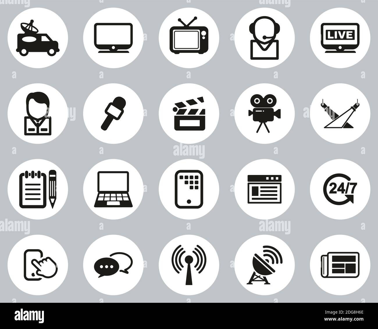 TV Station Icons Black & White Flat Design Circle Set Big Stock Vector ...