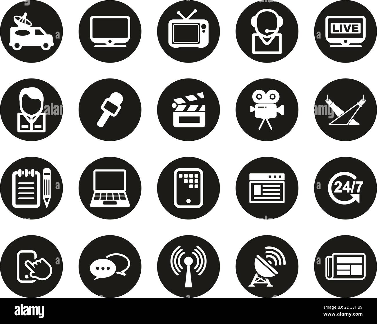 TV Station Icons White On Black Flat Design Circle Set Big Stock Vector ...