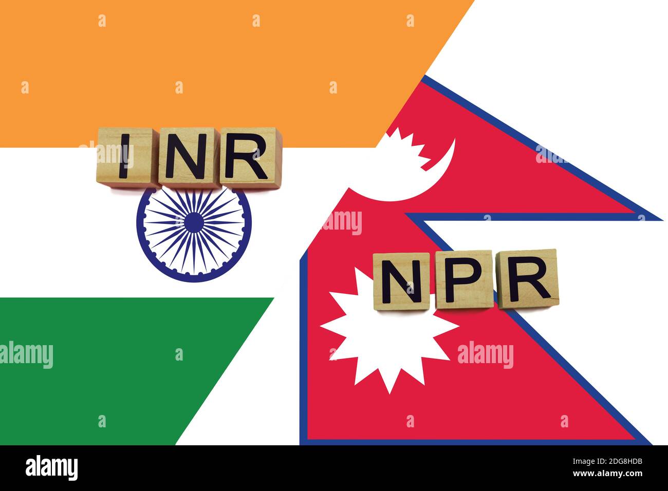 India and Nepal currencies codes on national flags background ...