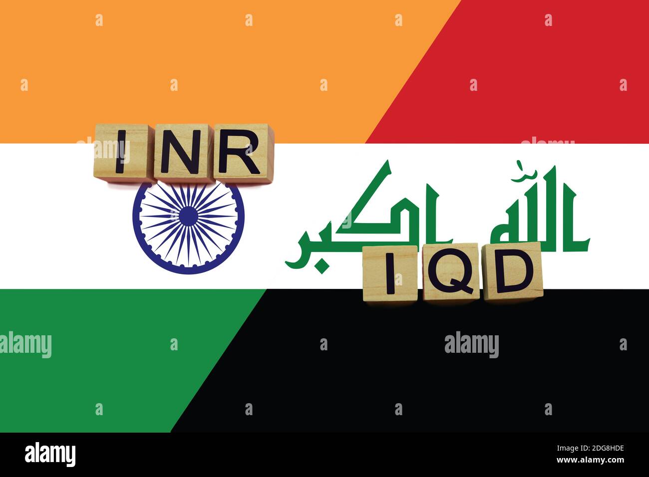 India and Iraq currencies codes on national flags background ...