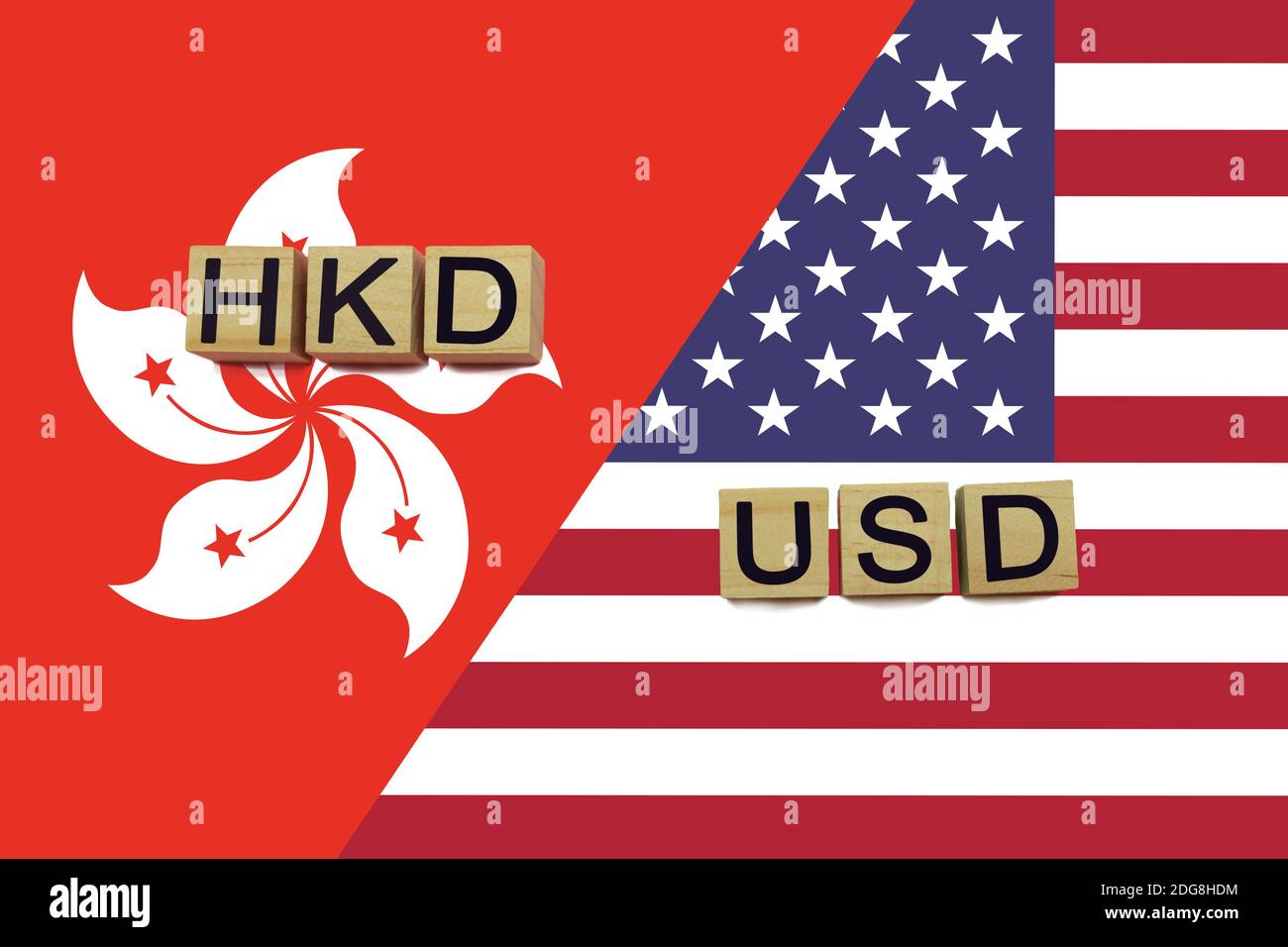 Hong Kong and USA currencies codes on national flags background ...
