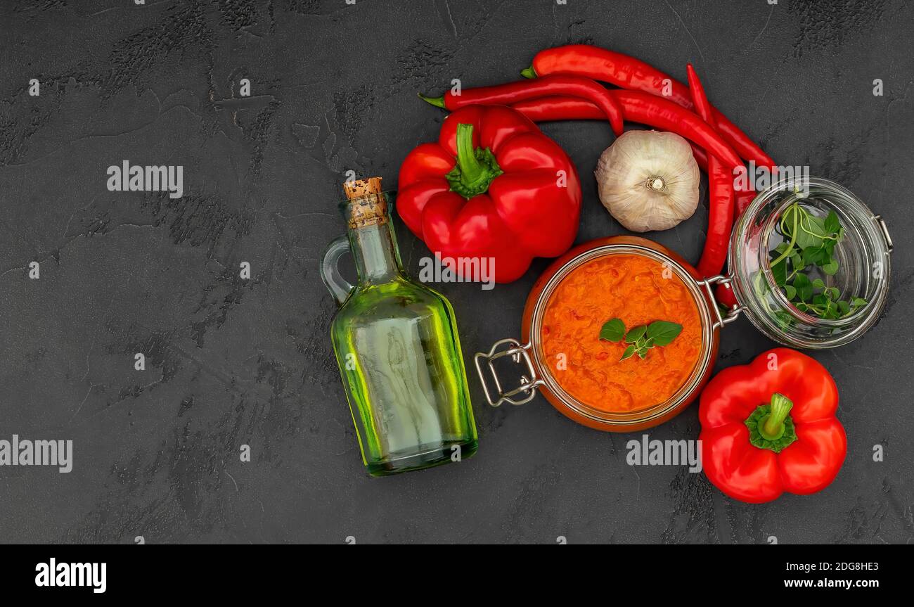 Traditional autumn Balkan vegan spread Ajvar or Aivar with ingredients ...