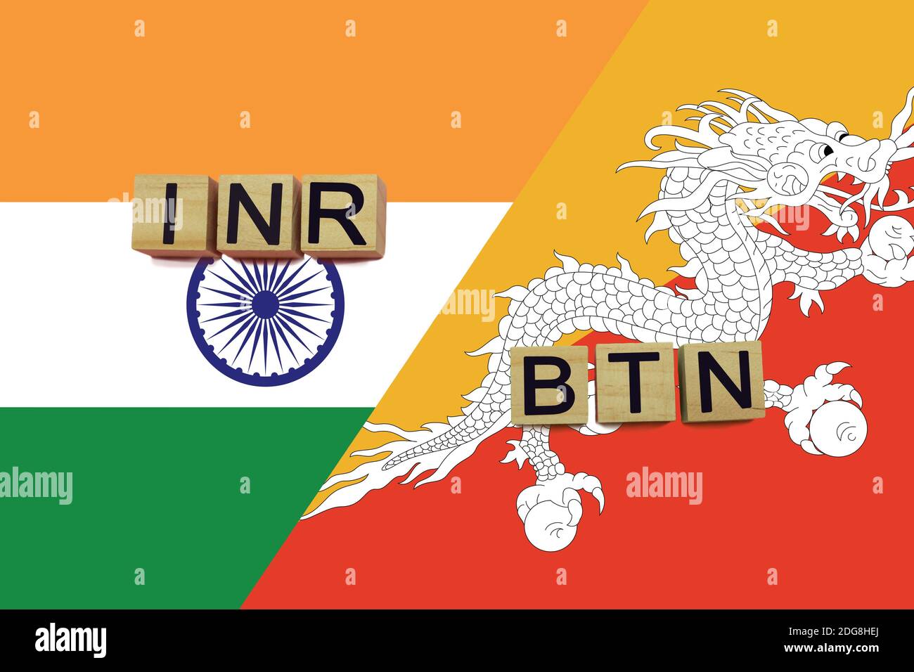 India and Bhutan currencies codes on national flags background ...