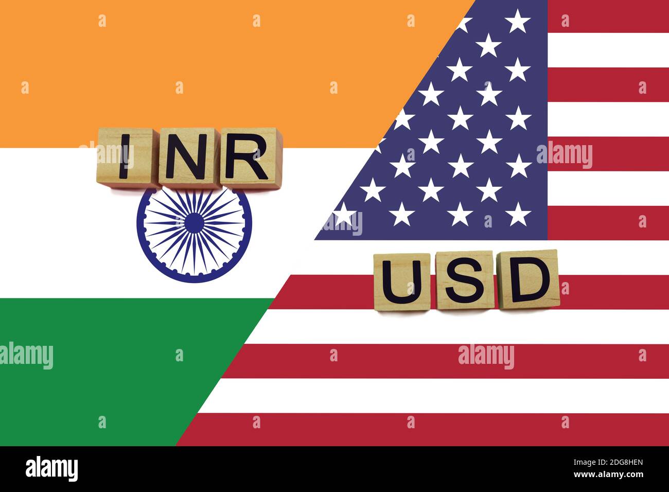 India and USA currencies codes on national flags background ...