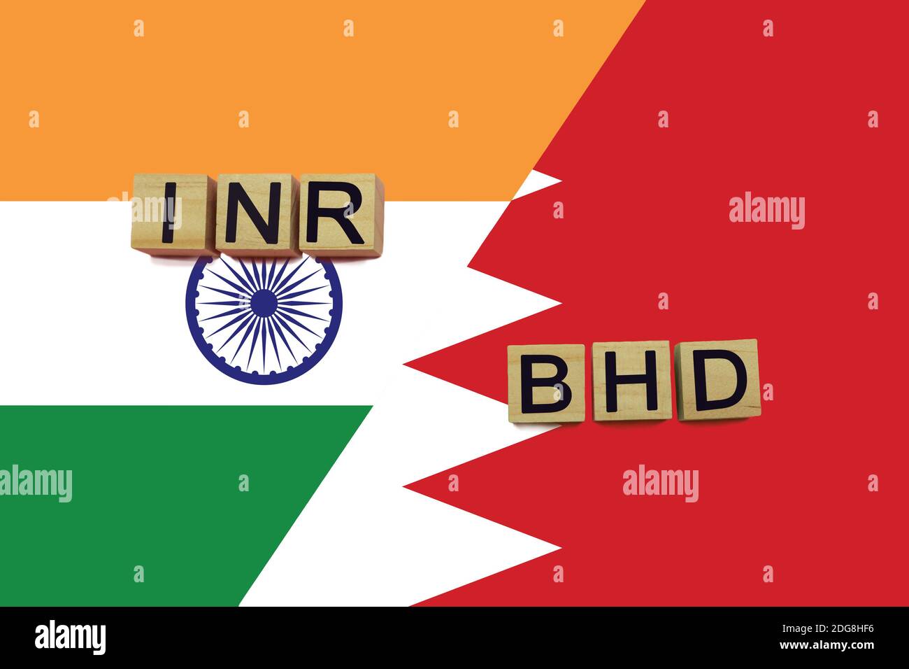 India and Bahrain currencies codes on national flags background ...
