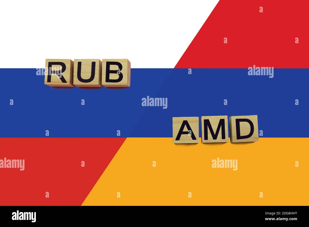Russia and Armenia currencies codes on national flags background ...