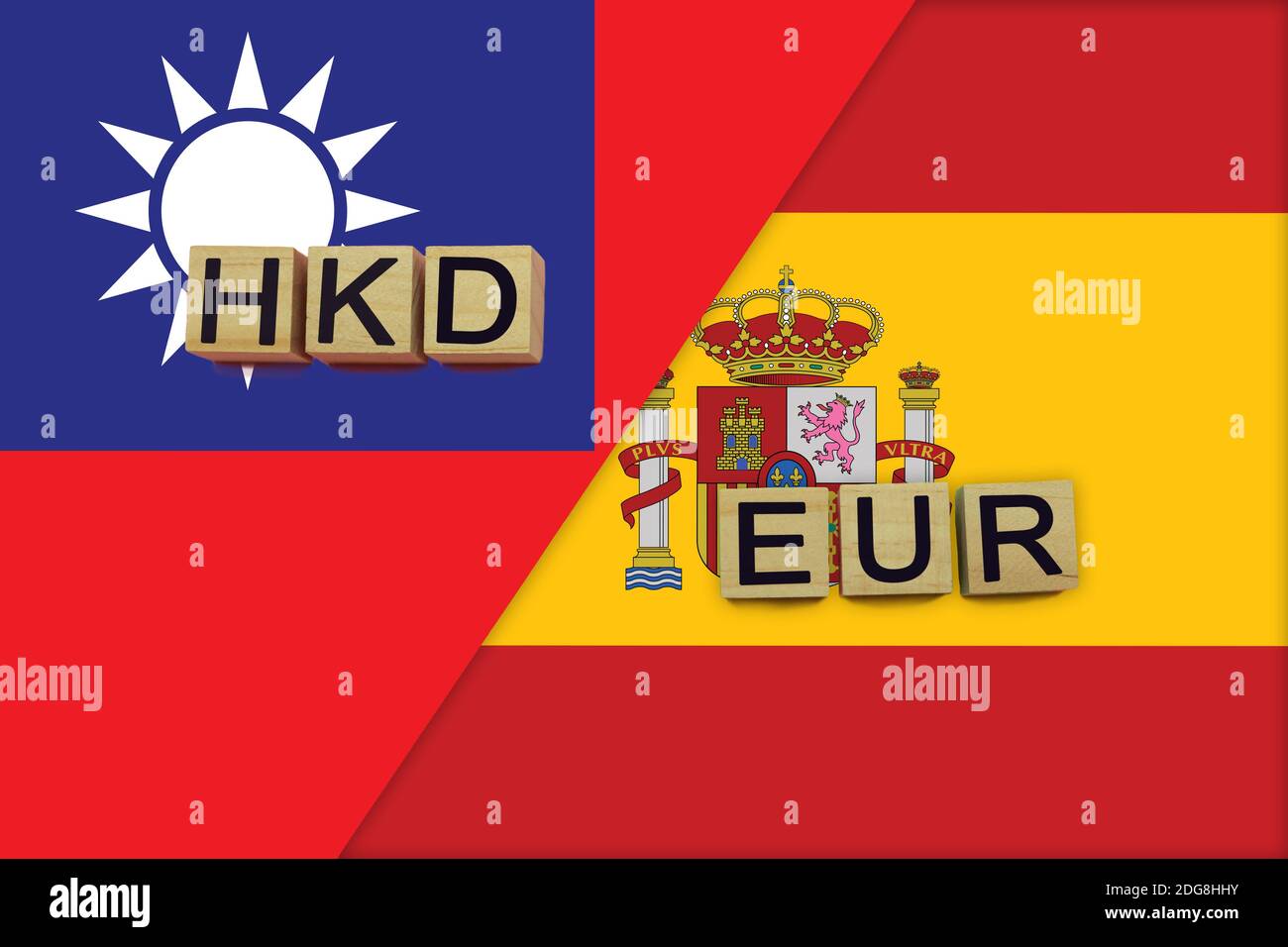 Taiwan and Spain currencies codes on national flags background ...