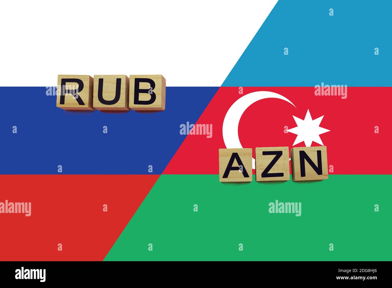 Russia and Azerbaijan currencies codes on national flags background ...
