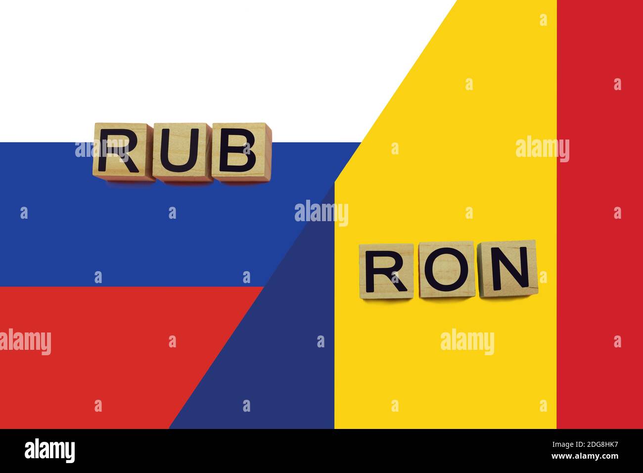 Russia and Romania currencies codes on national flags background ...