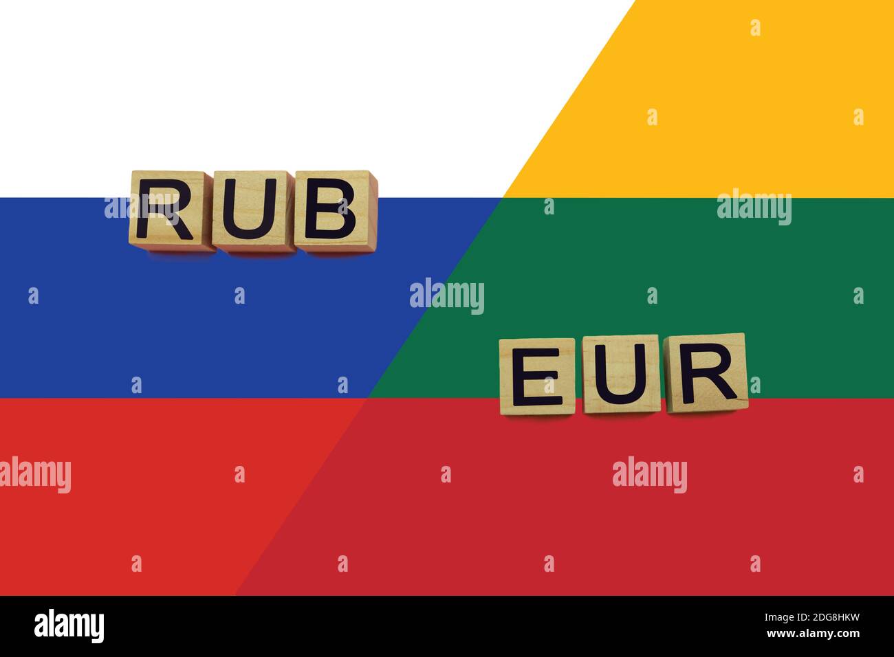 Russia and Lithuania currencies codes on national flags background ...