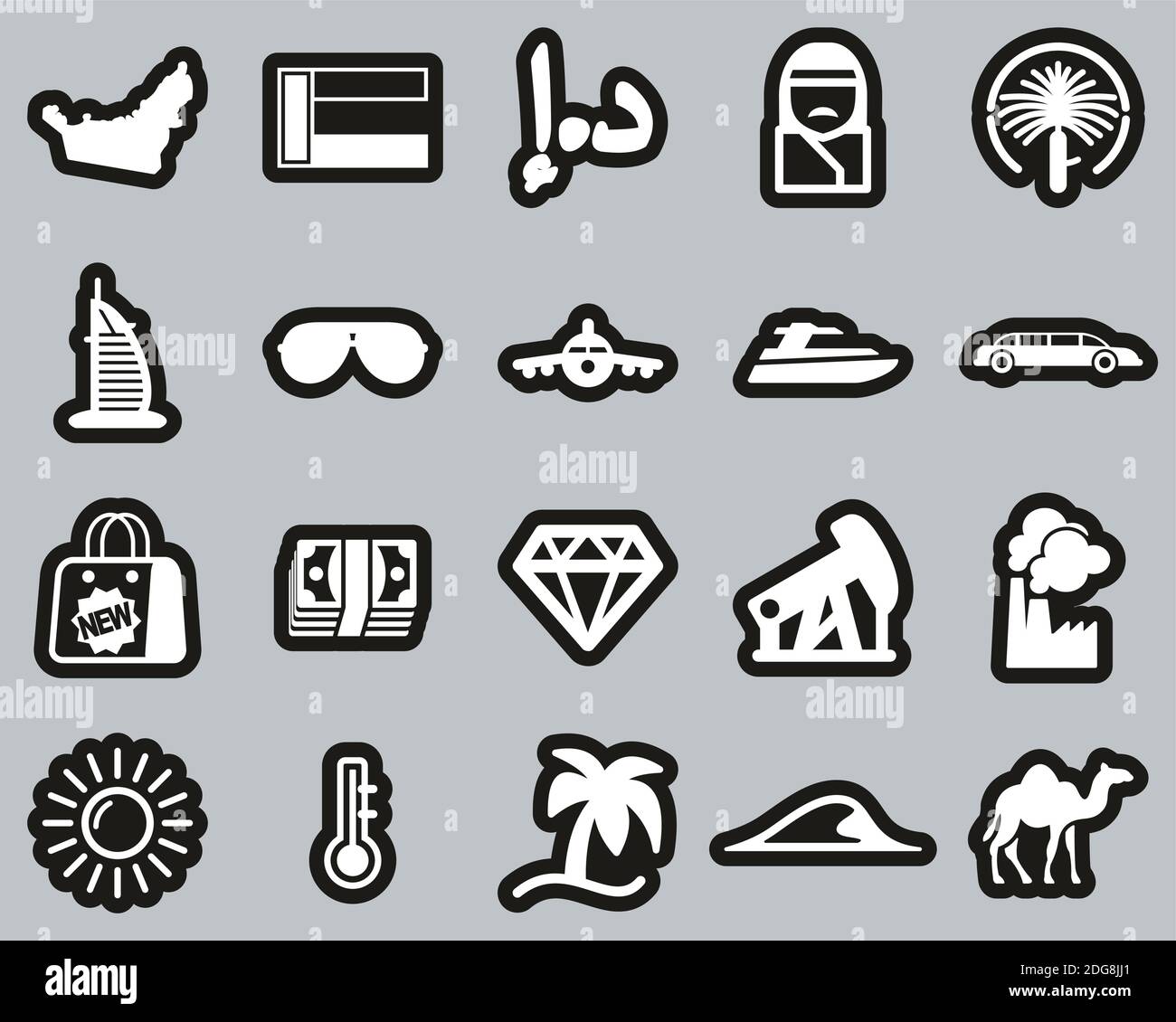 United Arab Emirates Country & Culture Icons White On Black Sticker Set ...