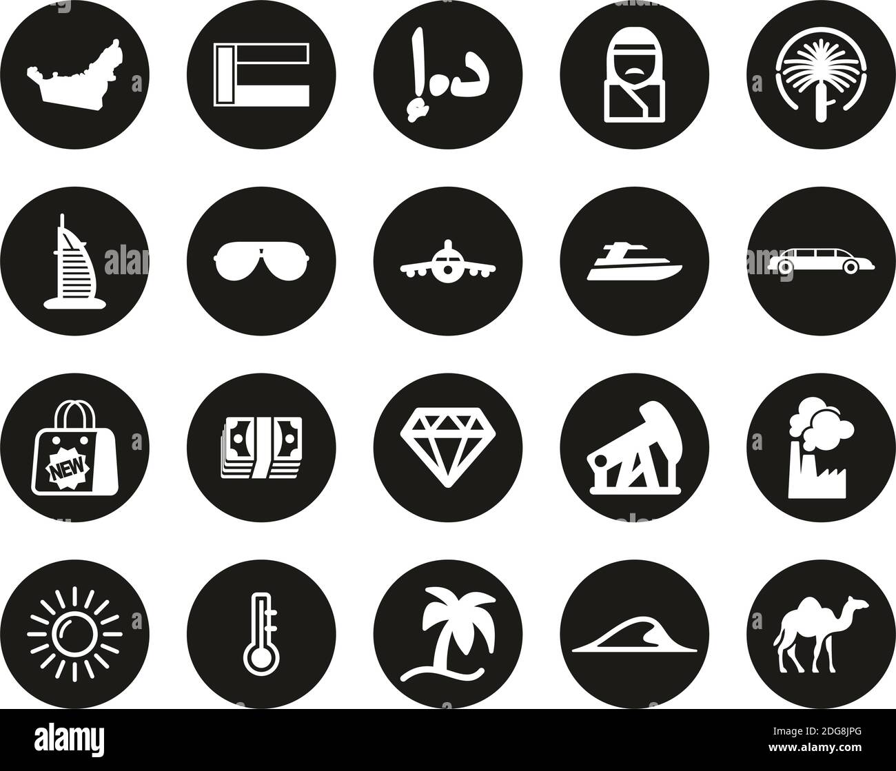United Arab Emirates Country & Culture Icons White On Black Flat Design ...