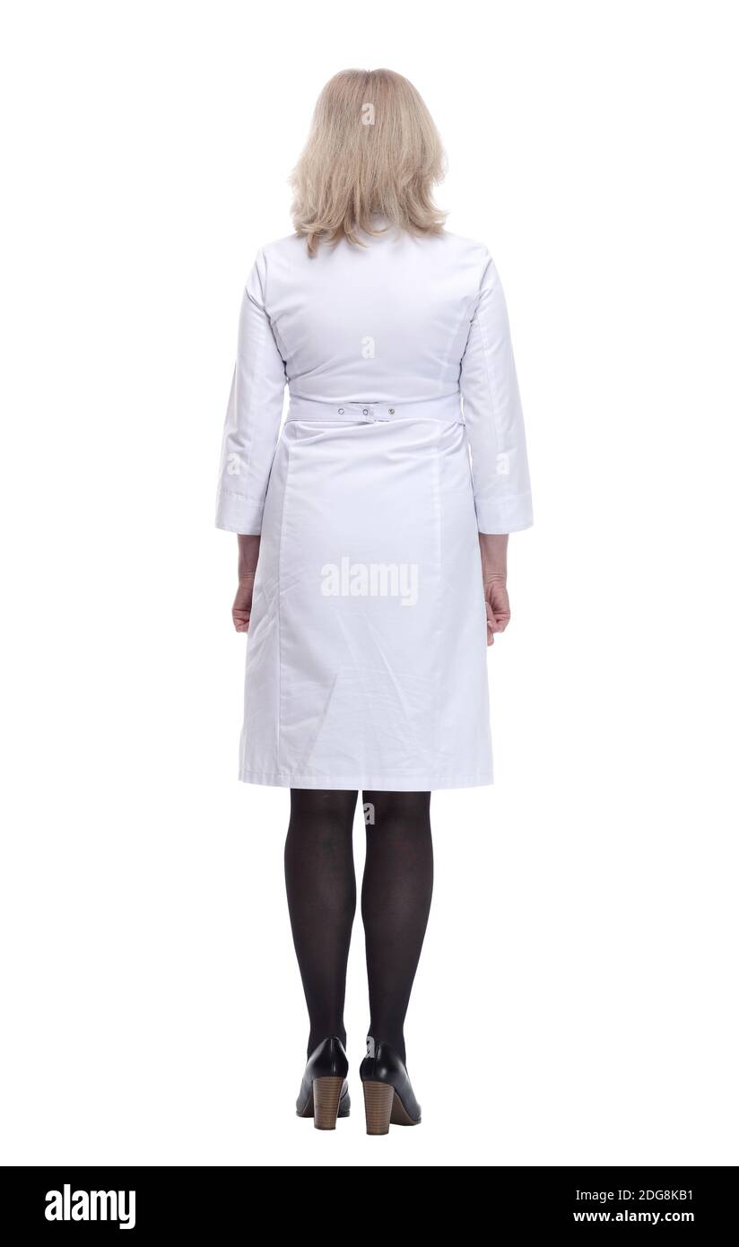 woman doctor reading an ad on a white wall. isolated on a white Stock ...