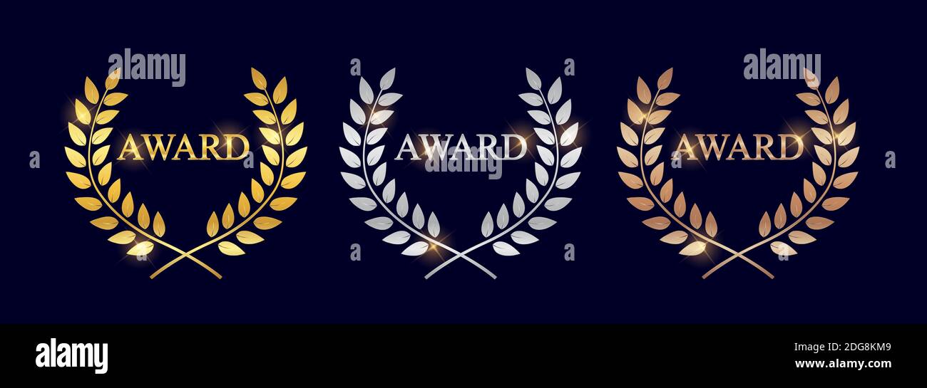 Golden, silver and bronze Award Laurel Wreath isolated on dark ...