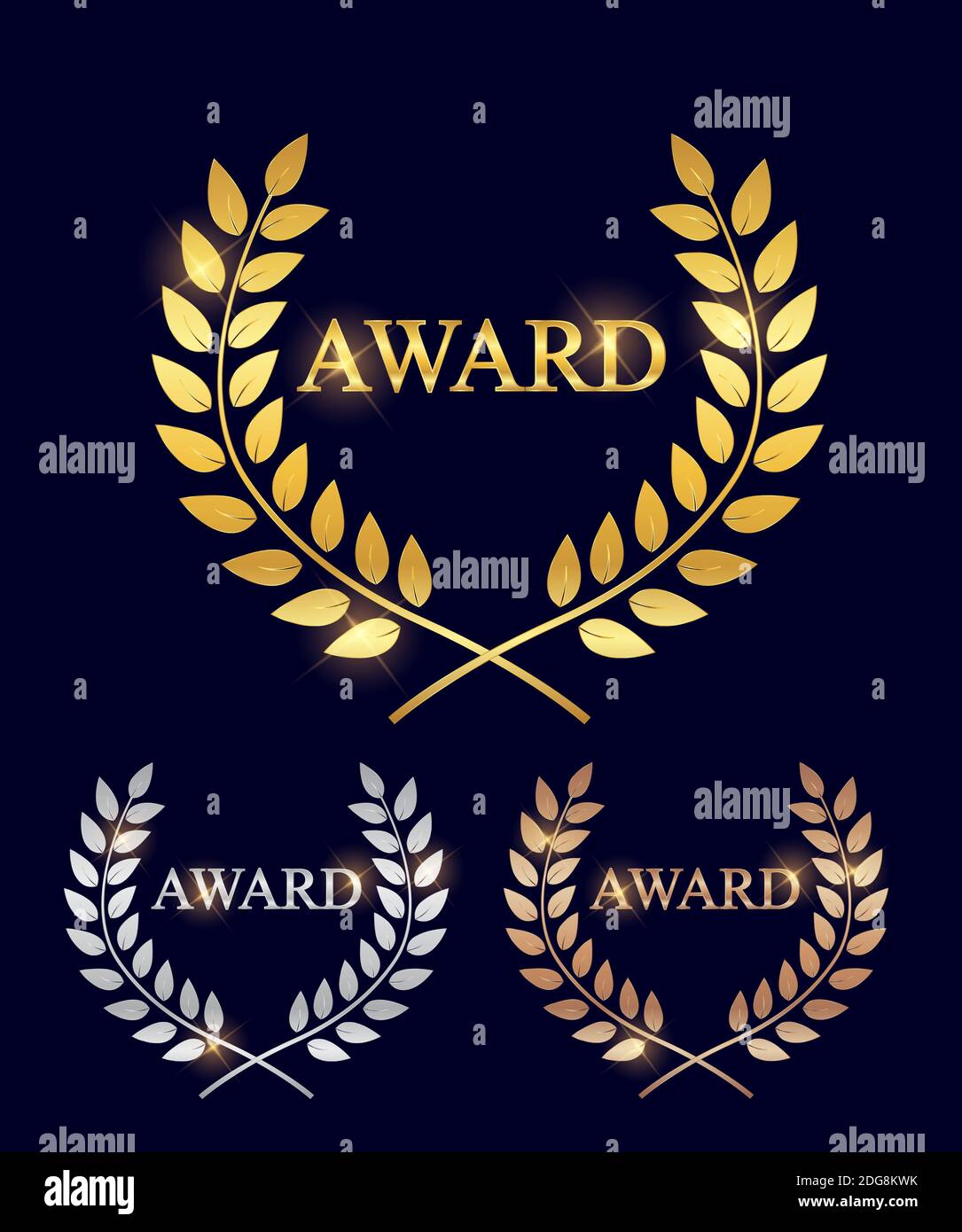 Golden, silver and bronze Award Laurel Wreath isolated on dark ...