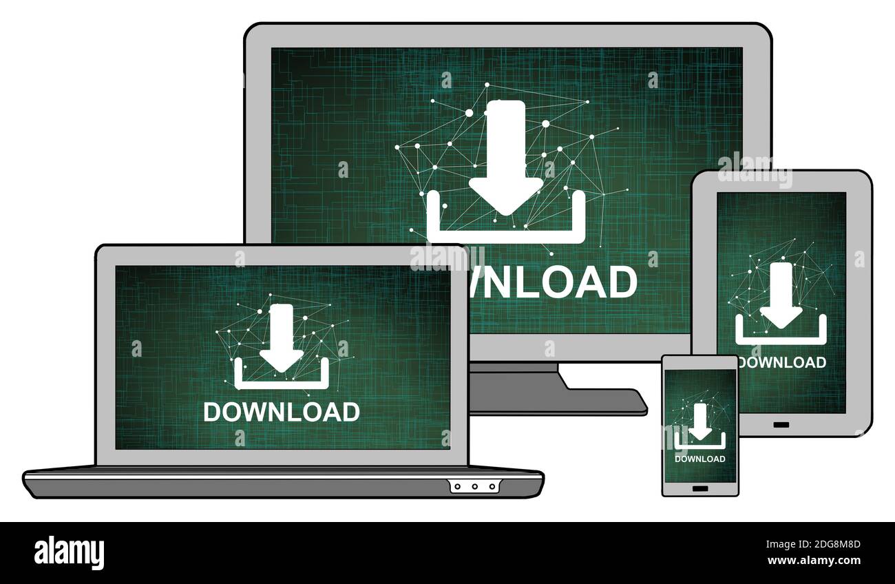 Download concept shown on different information technology devices ...
