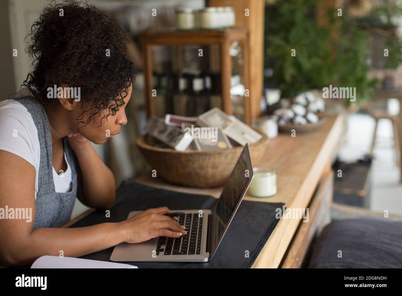 Female shop owner using laptop at shop counter Stock Photo - Alamy