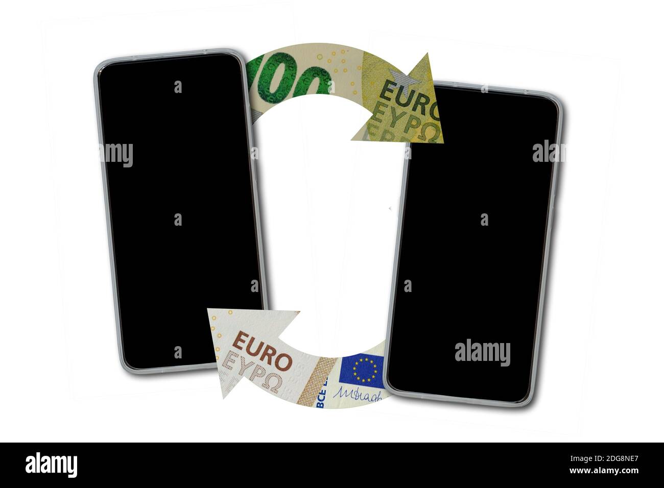 Mobile phones with arrows and euro banknotes - Concept of money ...