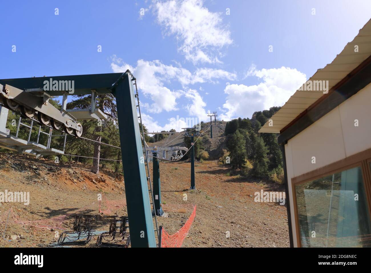 Ski lifts summer. Cable-car gondola station in the summer. Troodos ...
