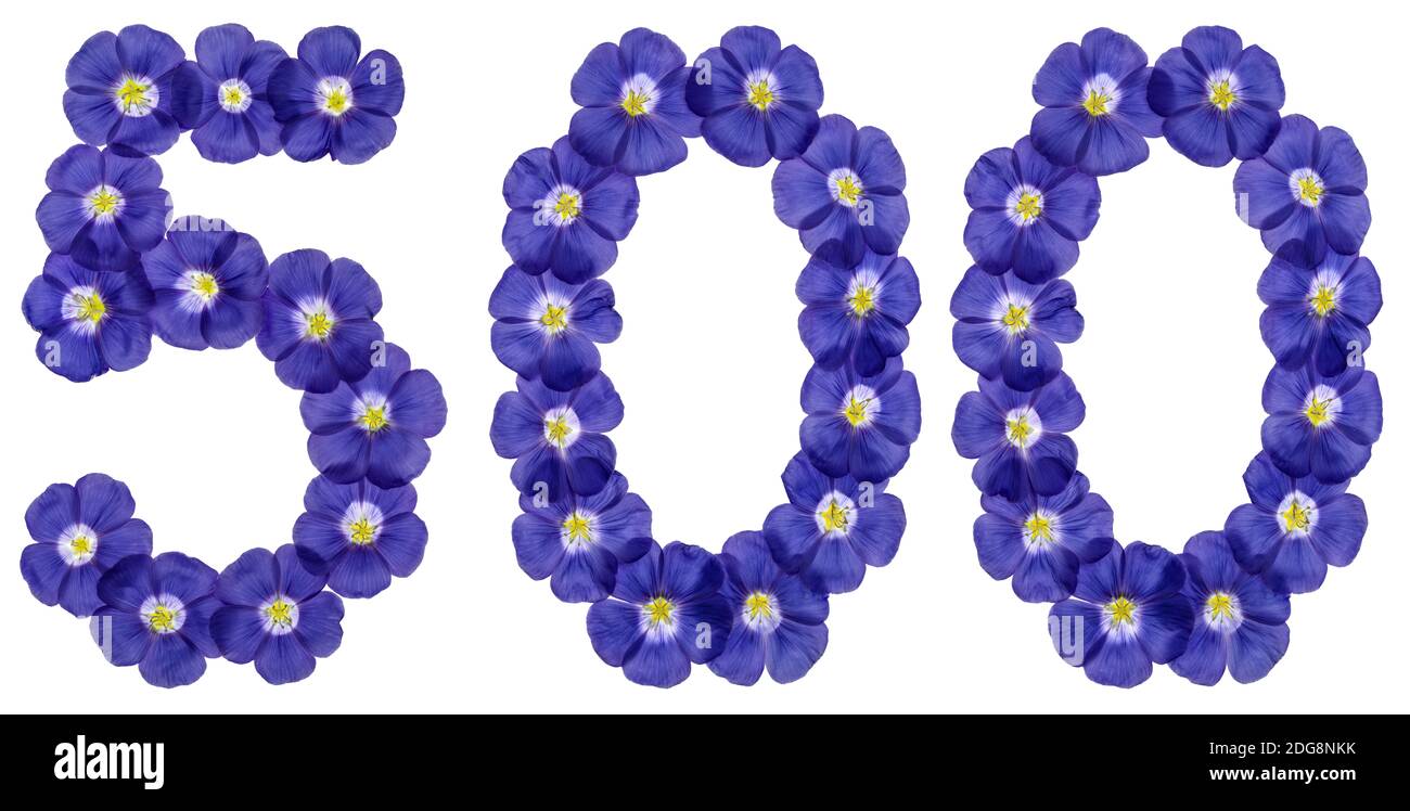 Arabic numeral 500, five hundred, from blue flowers of flax, isolated ...