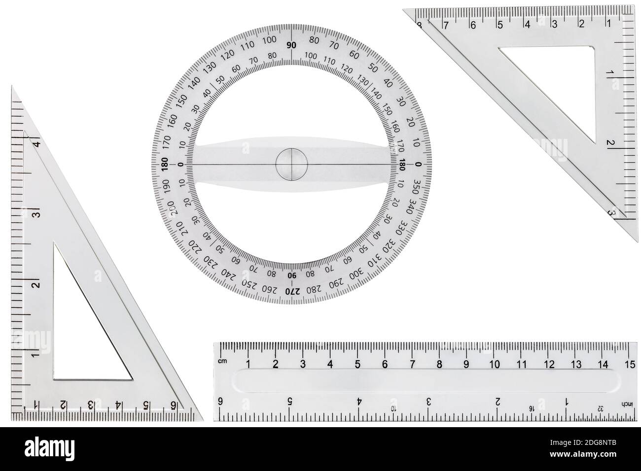 Set of drawing tools, ruler, protractor triangle, isolated on white ...