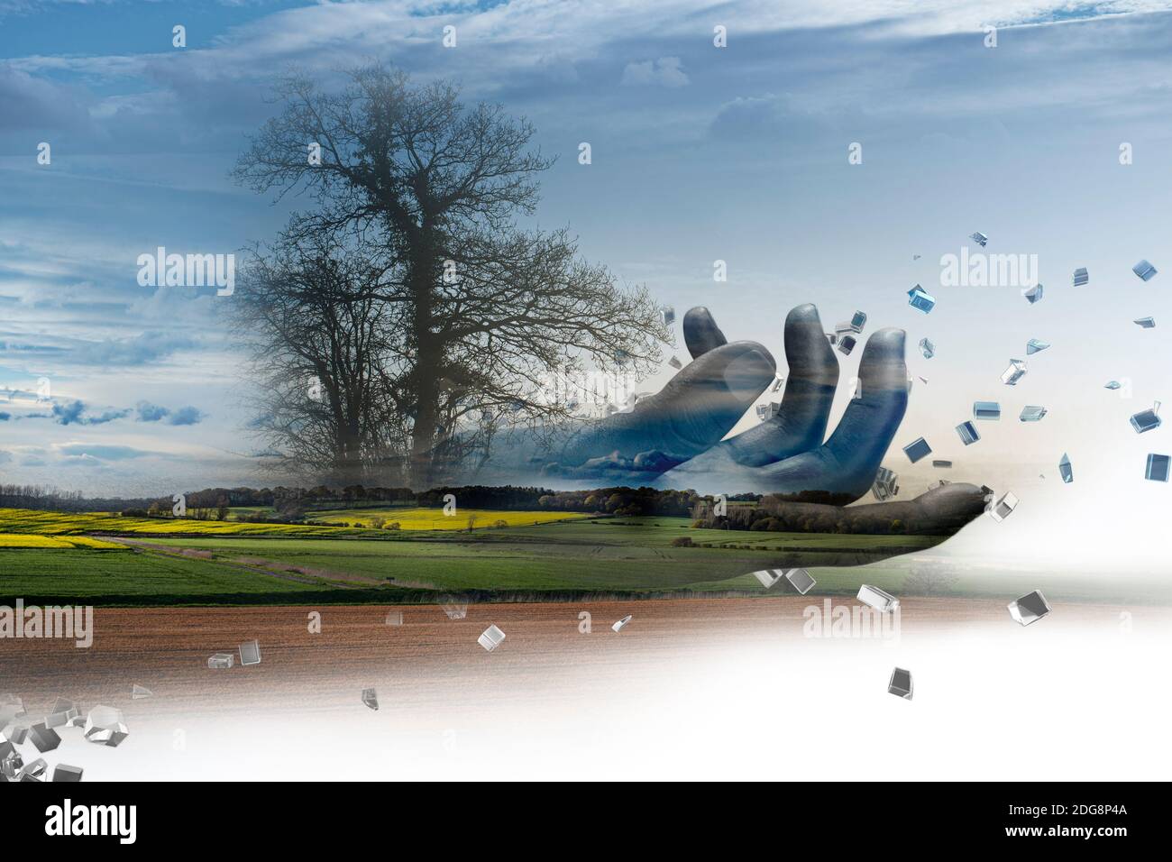 Digital hand over rural landscape Stock Photo - Alamy