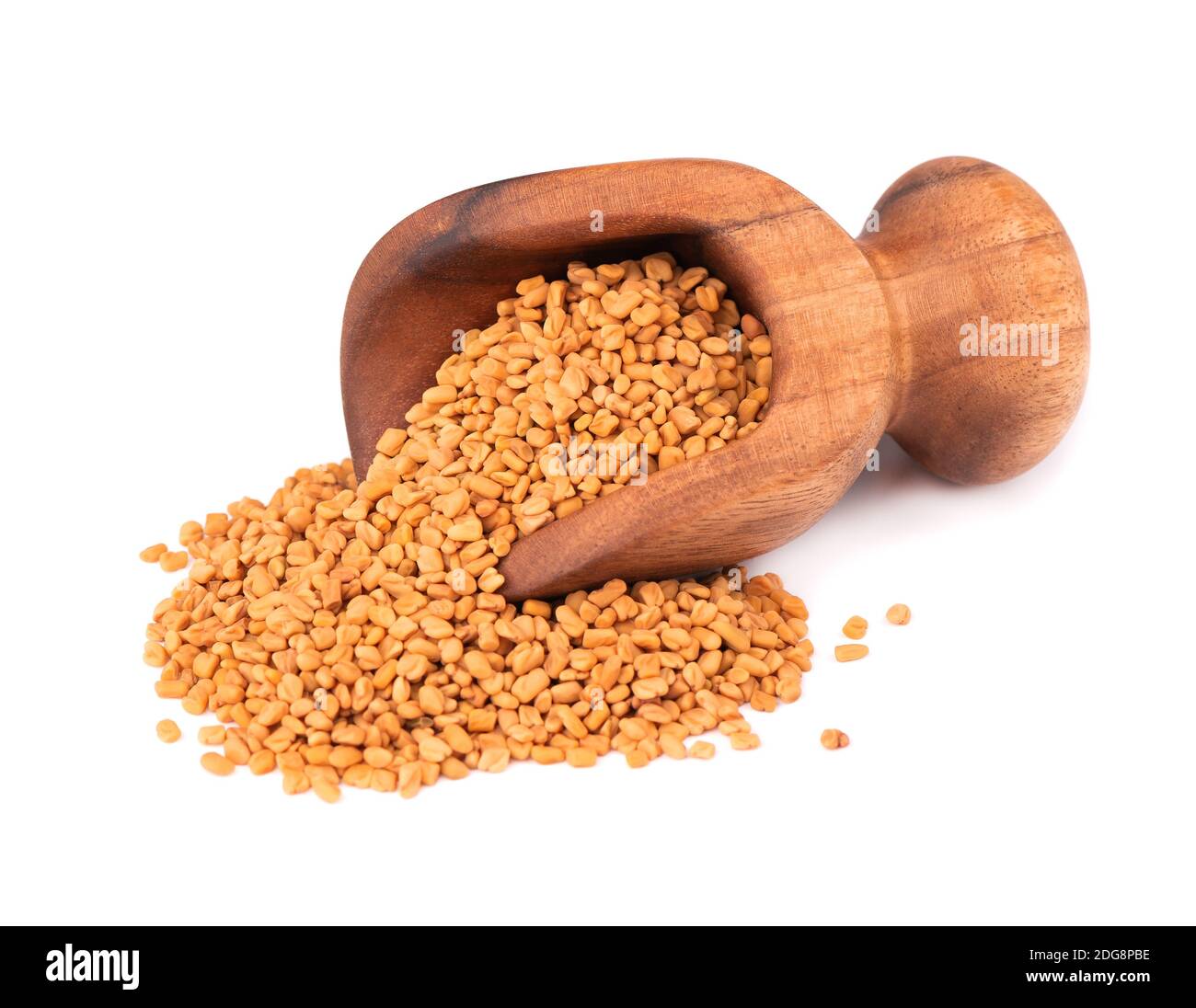 Fenugreek seeds in wooden scoop, isolated on white background. Shambala ...