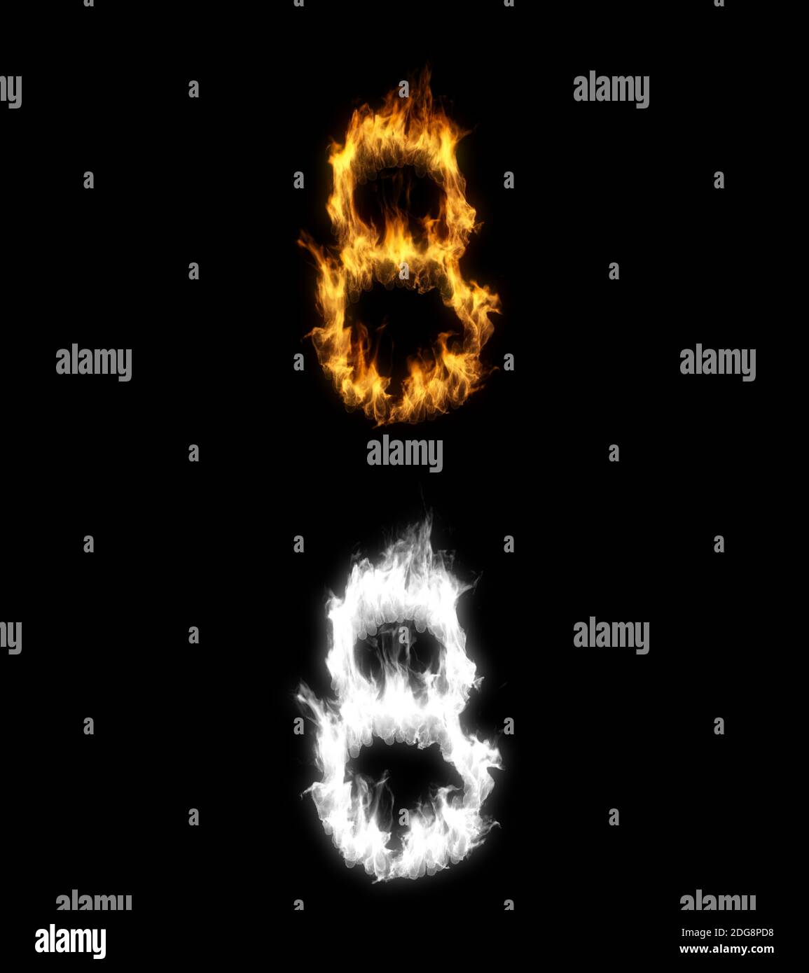 3D illustration of the number eight on fire with alpha layer Stock ...