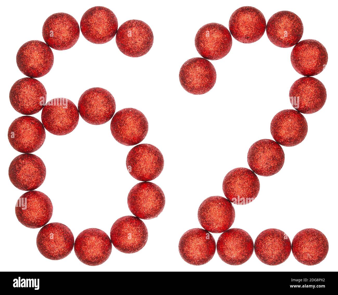 Numeral 62, sixty two, from decorative balls, isolated on white ...