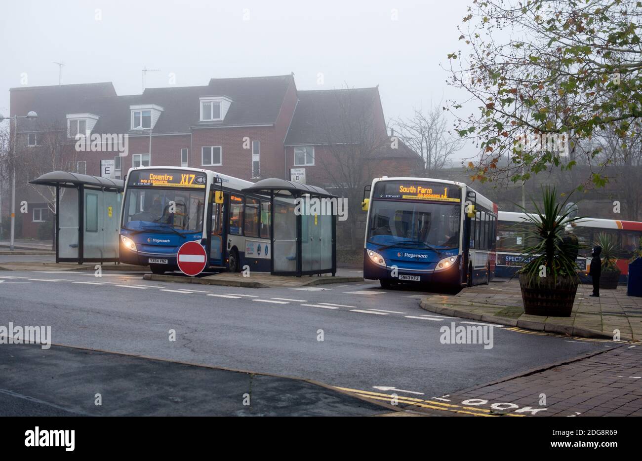 Warwick bus station on a foggy winter`s day, Warwickshire, England, UK ...